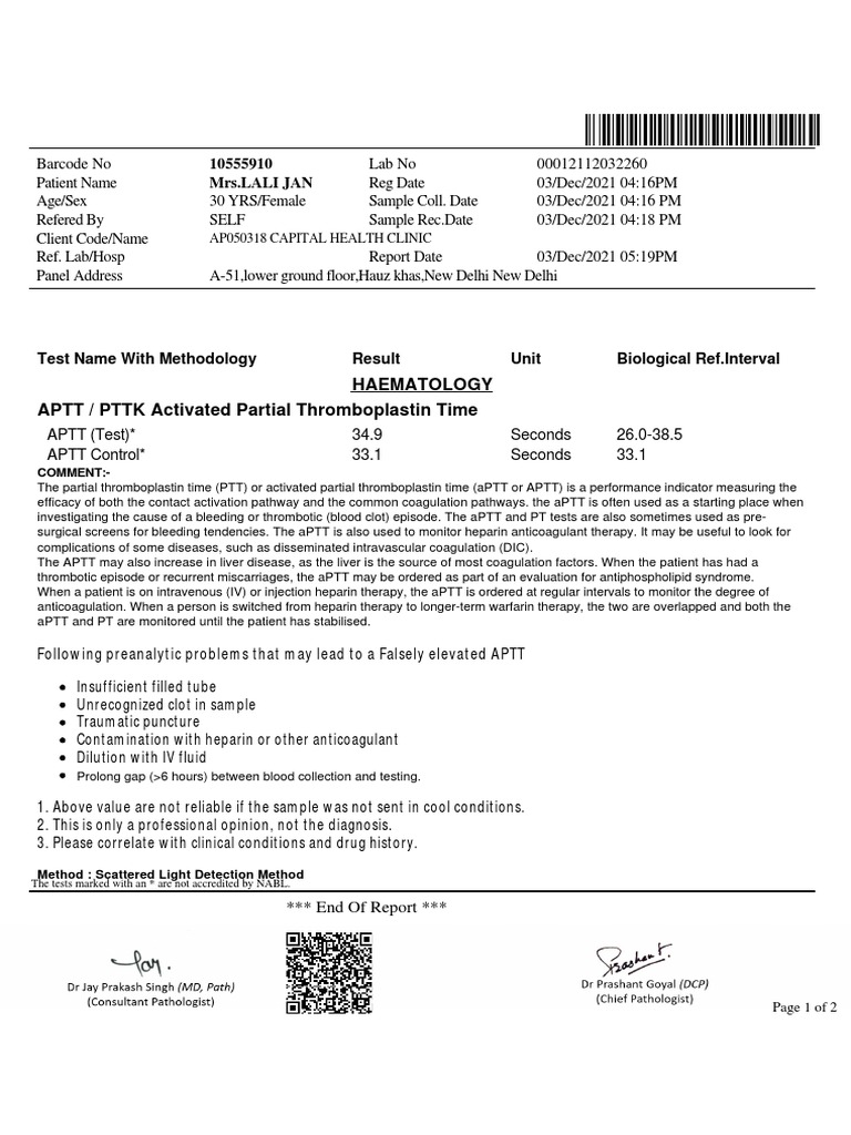 Haematology APTT / PTTK Activated Partial Thromboplastin Time | PDF | Coagulation | Clinical ...