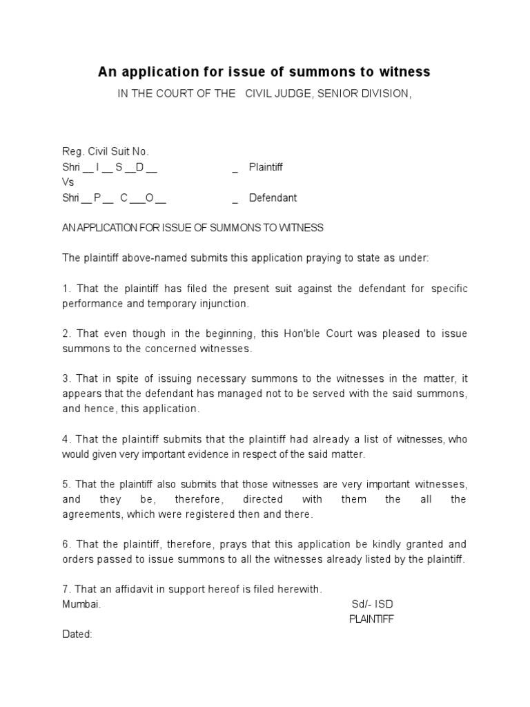 An Application For Issue of Summons To Witness in The Court of Civil ...