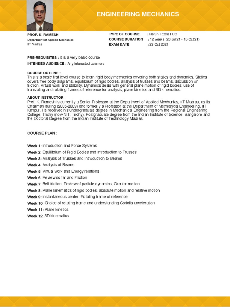 IIT Madras Engineering Mechanics Course | PDF