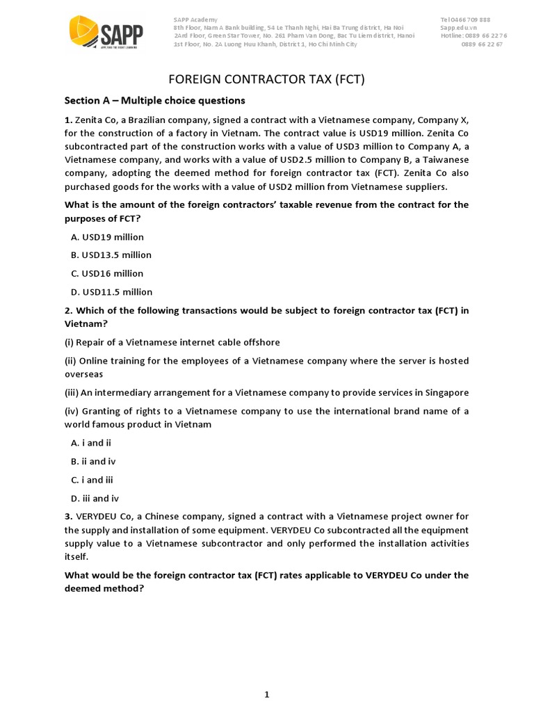 Foreign Contractor Tax (FCT) : Section A - Multiple Choice Questions ...