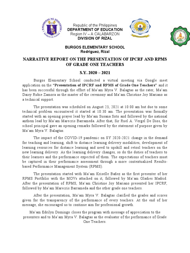 Narrative Report On Presentation of Ipcrf and Rpms of Grade One ...
