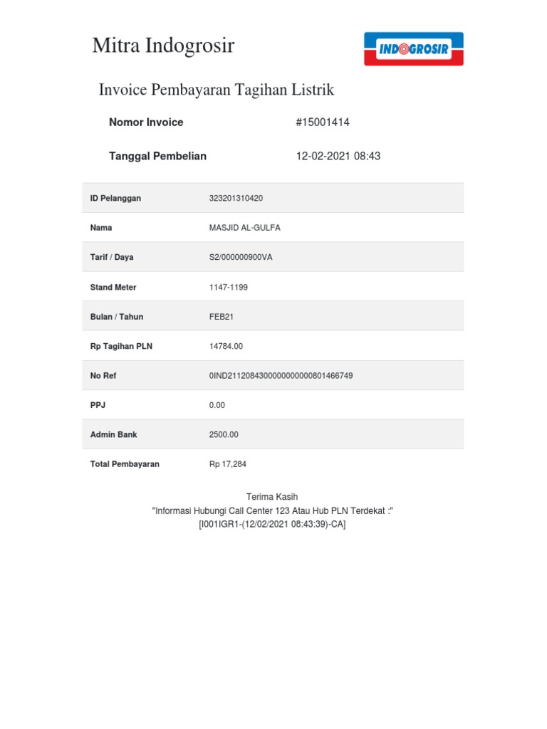 Mitra Indogrosir: Invoice Pembayaran Tagihan Listrik | PDF