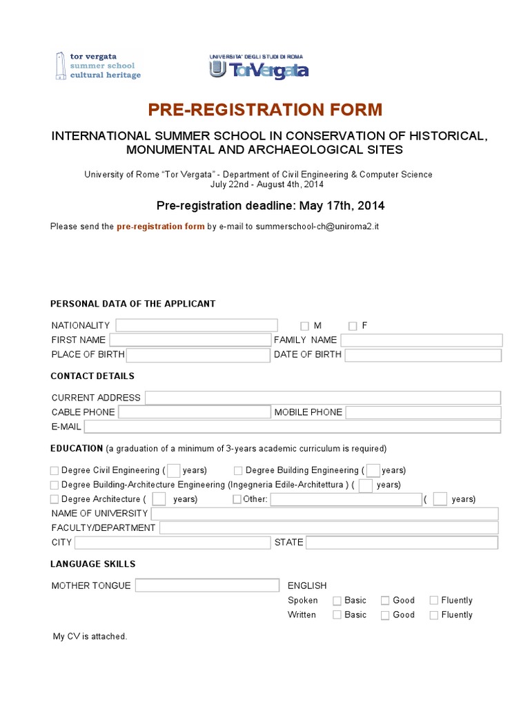 Pre-Registration Form: International Summer School in Conservation of ...
