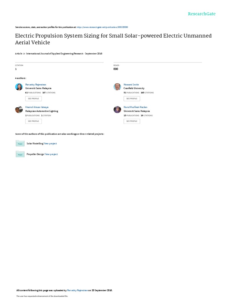 Electric Propulsion System Sizing For Small Solar-Powered Electric ...