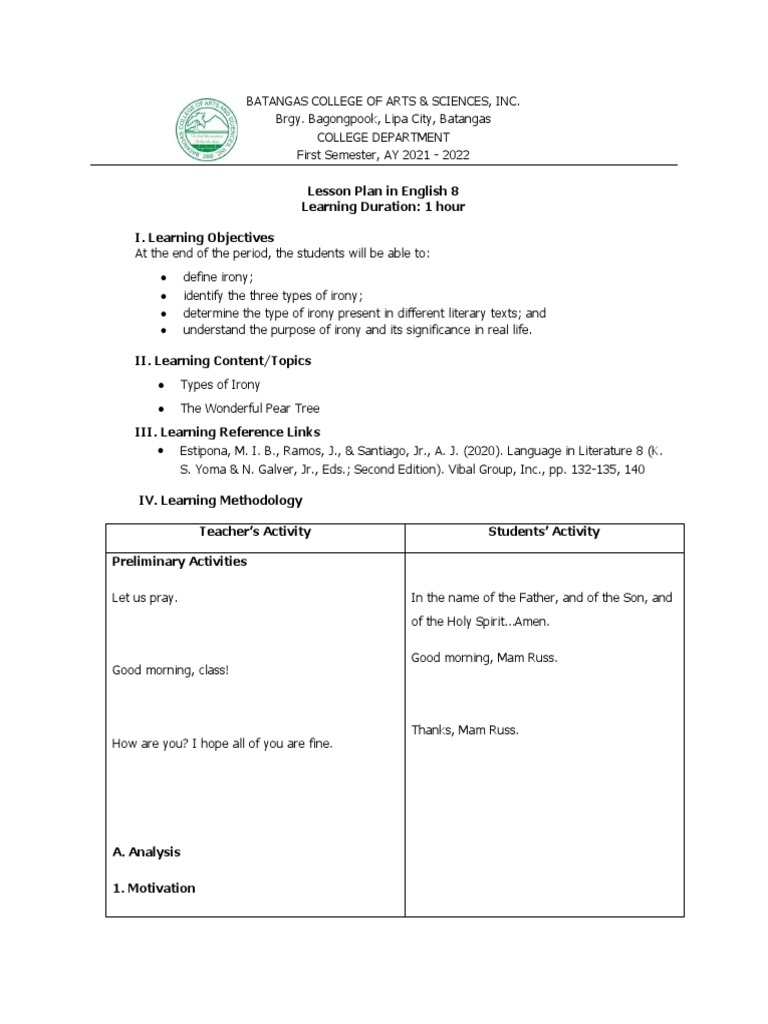 Lesson Plan in English 8 Learning Duration: 1 Hour I. Learning ...