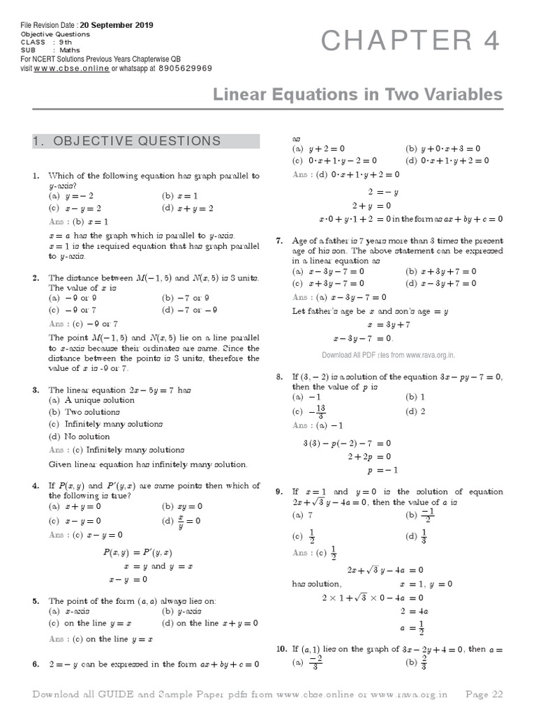 Linear Equations in Two Variables: 1. Objective Questions | PDF ...