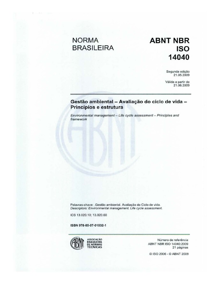 ABNT - NBR ISO 14040 - Gestão - Avaliação Do Ciclo de Vida - Princípios ...