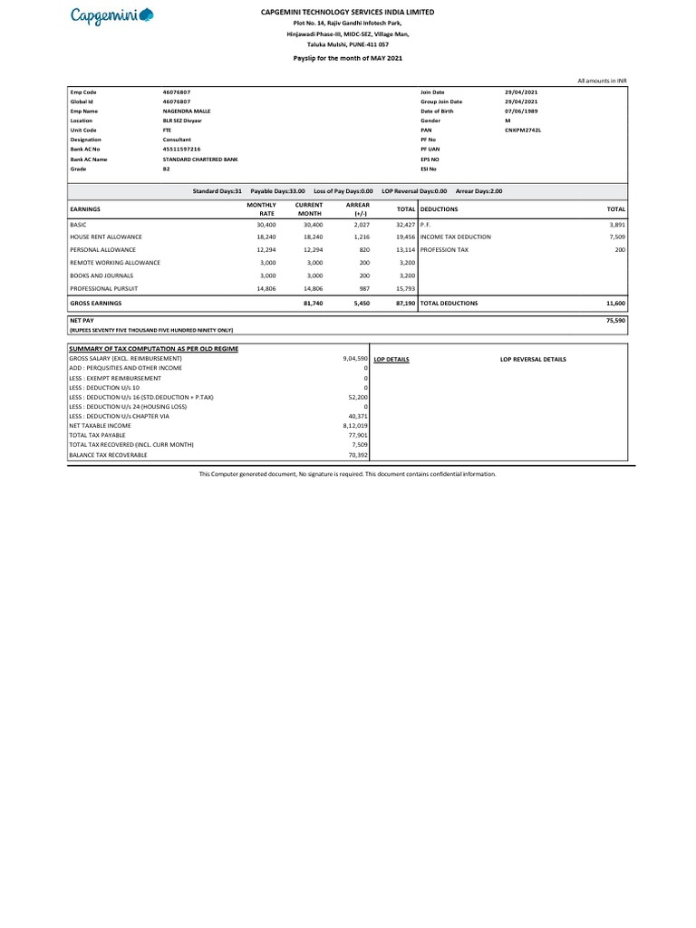Capgemini-Payslip For The Month MAY | PDF | Tax Deduction | Taxes