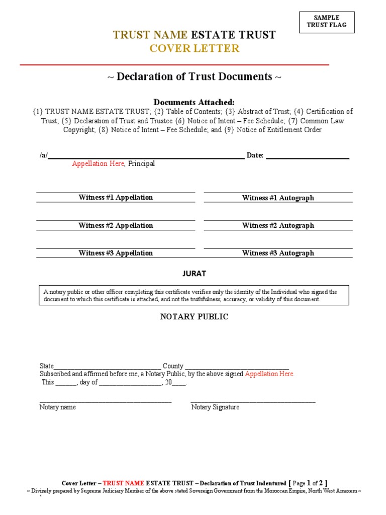 Estate Trust Declaration Cover Letter | PDF | Notary Public | Common Law