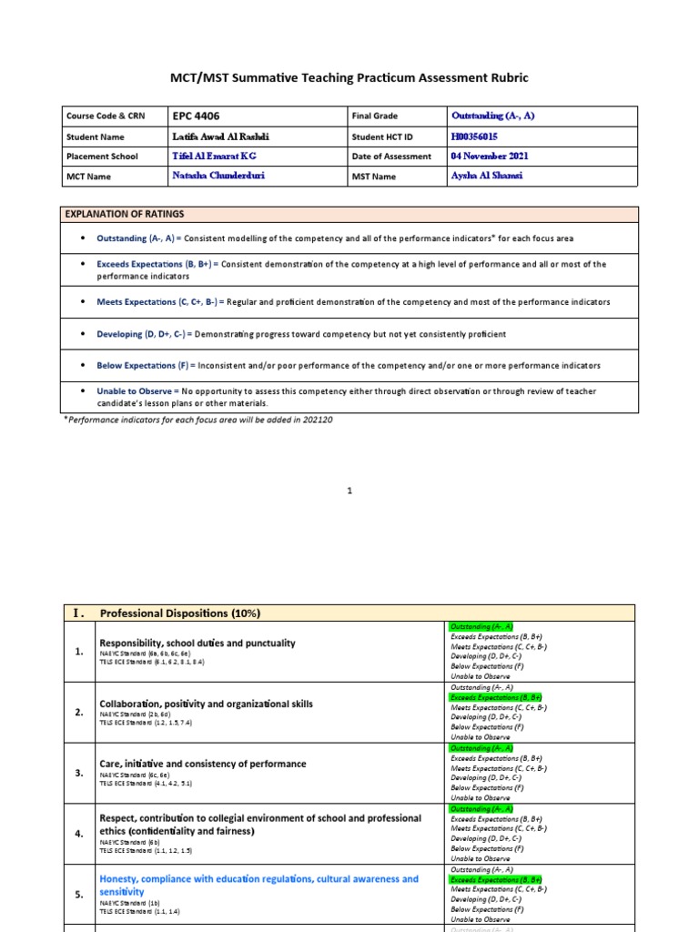 Latifa - MCT-MST Summative Teaching Placement Assessment Rubric - EPC 4406 | Download Free PDF ...