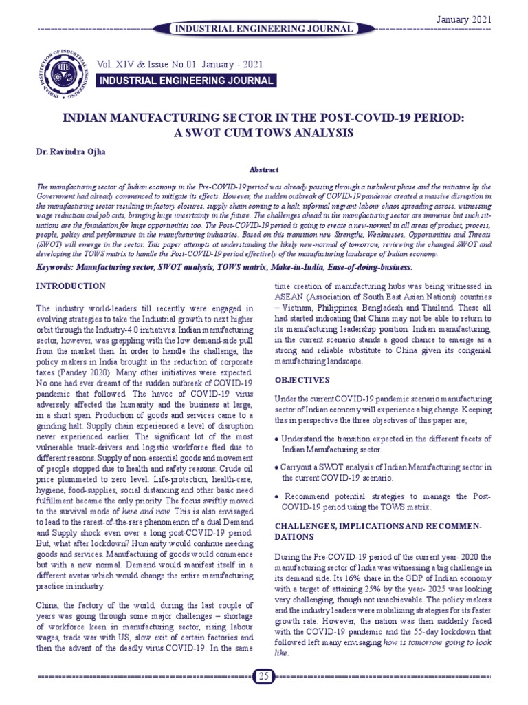 Indian Manufacturing Sector in The Post-Covid-19 Period: A Swot Cum ...