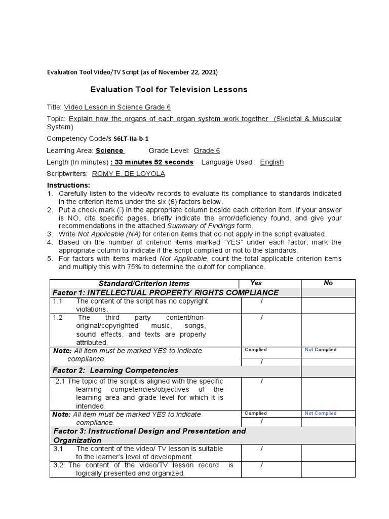 Evaluation Tool For Video Scripts Romy E. de Loyola | PDF | Educational ...
