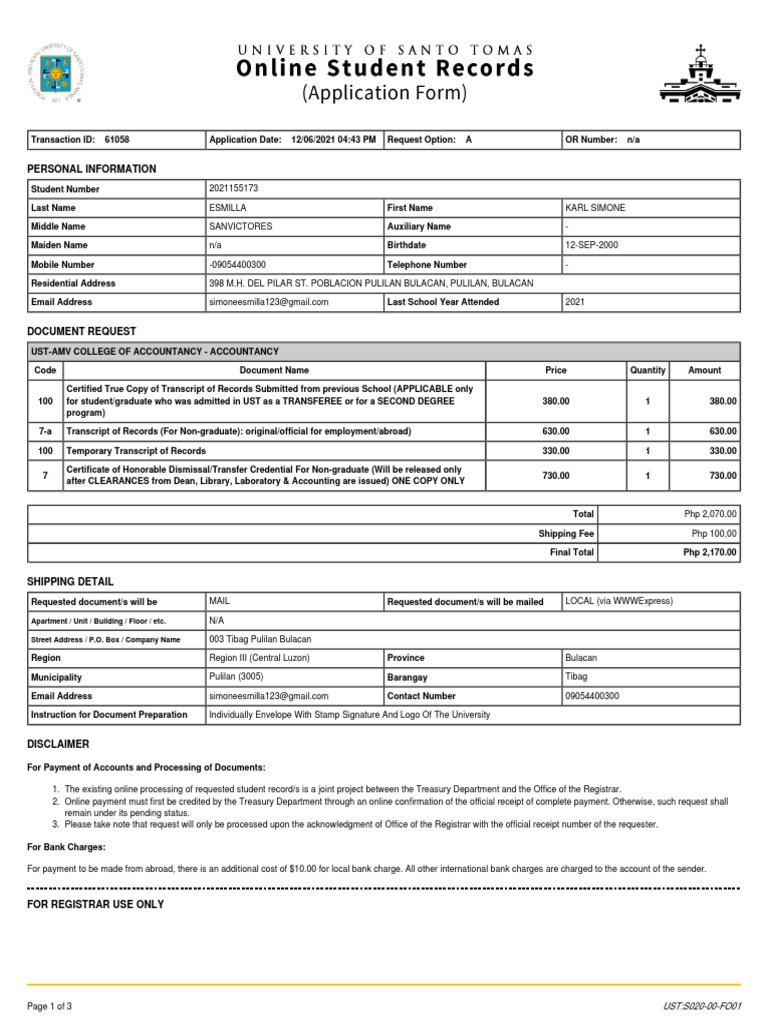 Online Student Records Application Form | PDF | Payments | Receipt
