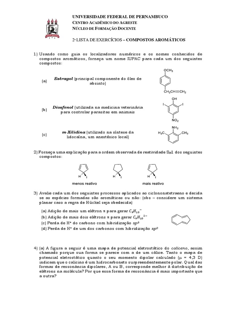 Lista Especial de Exercício - Compostos Aromáticos | PDF | Aromaticidade | Benzeno