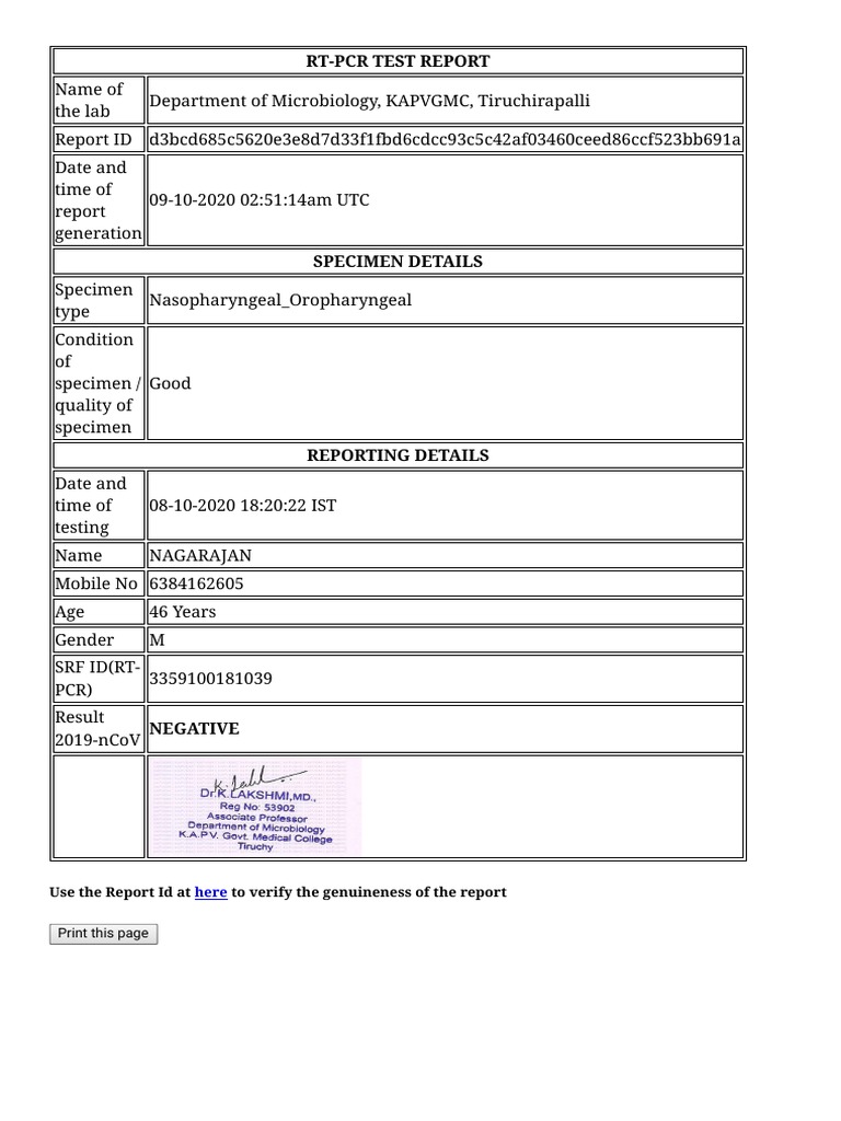 RT-PCR Test Report: Print This Page | PDF