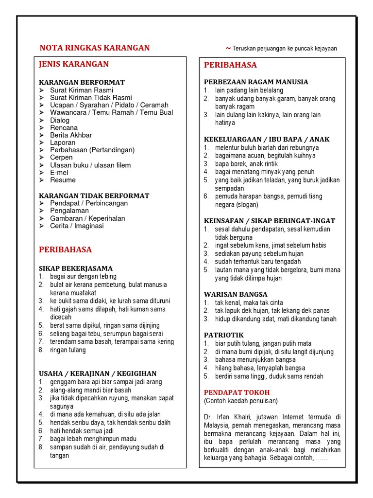Nota Ringkas Karangan BM SPM 2021 | PDF | Perjalanan | Kajian Bahasa Asing