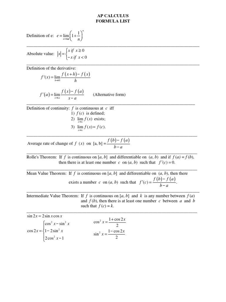 Calc BC Formula Sheet | PDF | Derivative | Space