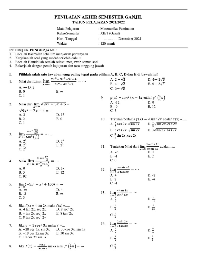 Kisi-Kisi Soal PAS MTK Peminatan Kelas XII | PDF