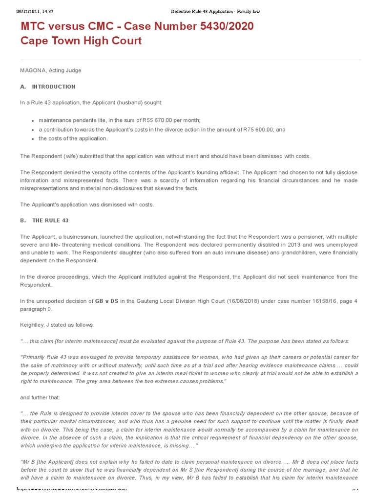 Defective Rule 43 Application - Family Law | PDF | Divorce | Discovery ...