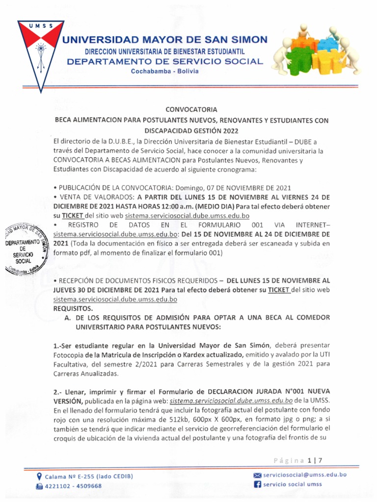 Convocatoria Beca Comedor 2022 Umss Oficial | PDF
