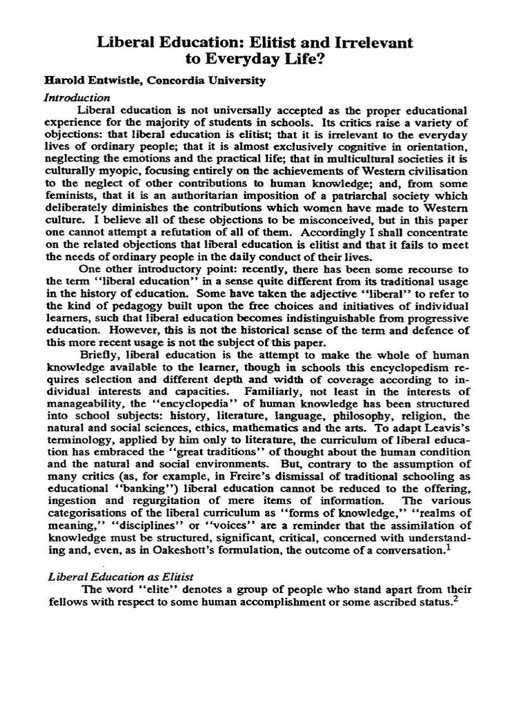 Liberal Education Elitist and Irelevant To Everyday Life | PDF ...