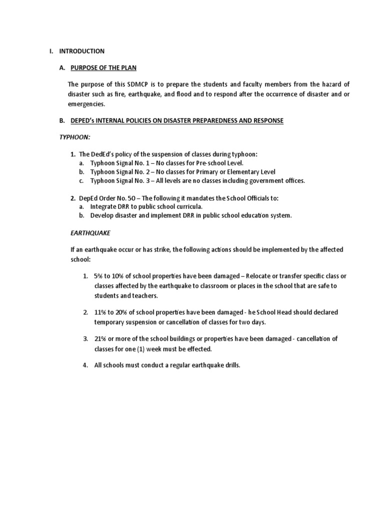 School Disaster Management Plan | PDF | Disaster Risk Reduction ...