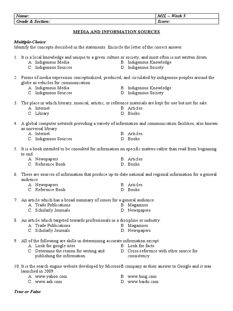 Media and Information Sources: Name: MIL - Week 5 Grade & Section ...