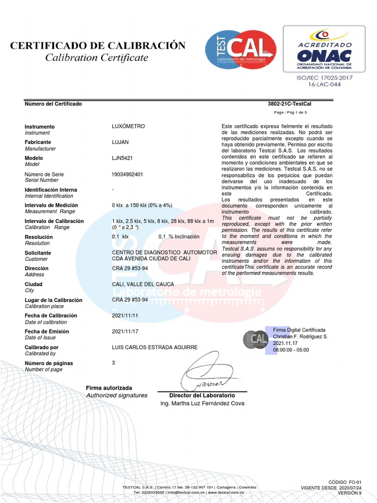 3802-21C-TestCal LUXÓMETRO ESTANDAR 190349024 | PDF | Calibración ...