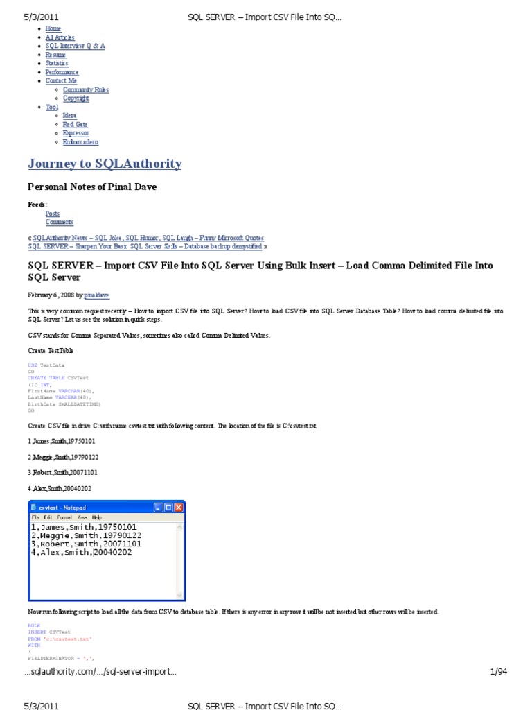 SQL SERVER - Import CSV File Into SQL Server Using Bulk Insert | PDF ...