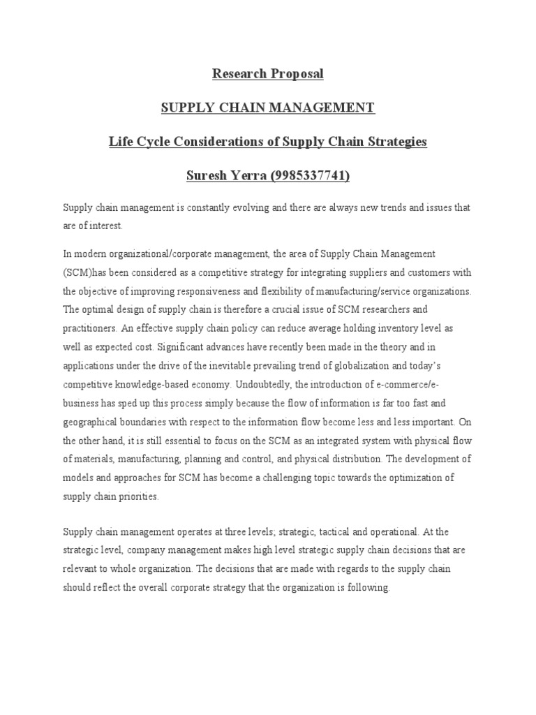 Research Proposal Supply Chain Management Life Cycle Considerations of ...
