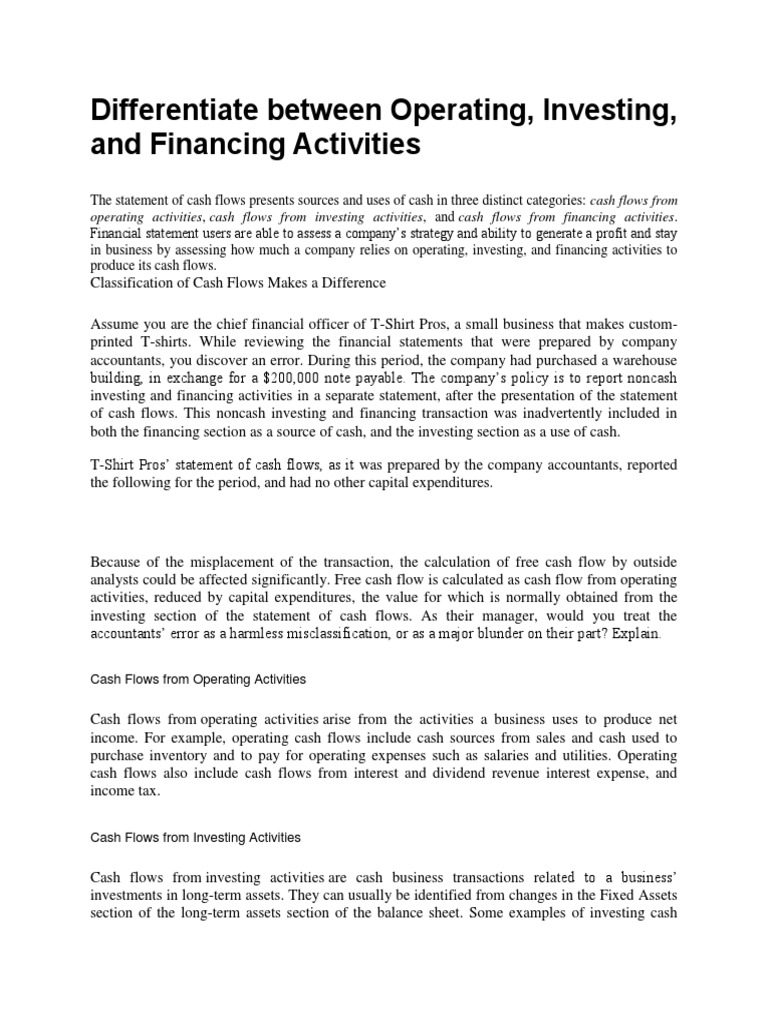 Differentiate Between Operating, Investing, and Financing Activities ...