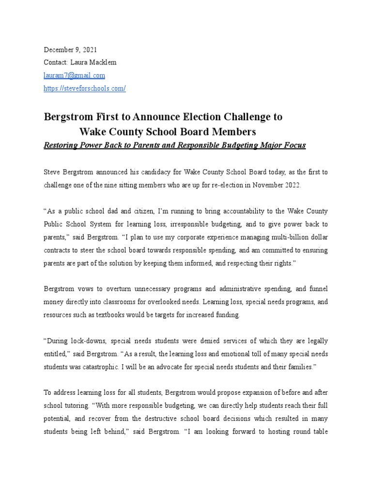 Steve Bergstrom Campaign Announcement For Wake County School Board | PDF