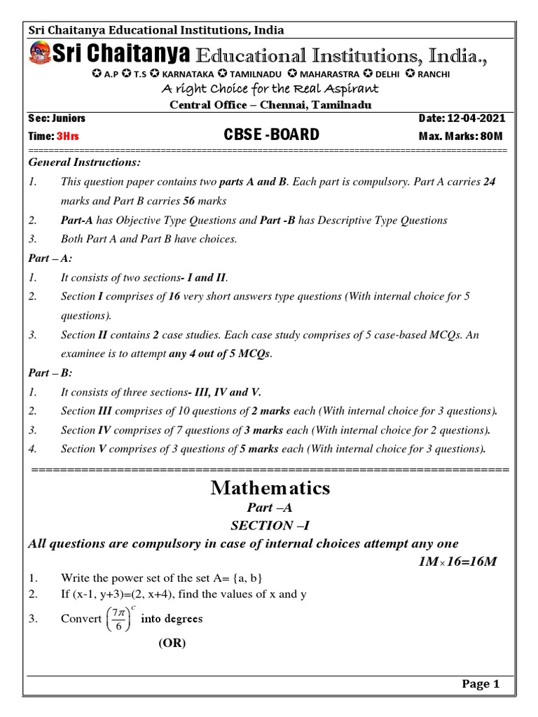 12-04-2021 - JR - CBSE Annual Exam - Maths - Q.Paper | PDF ...