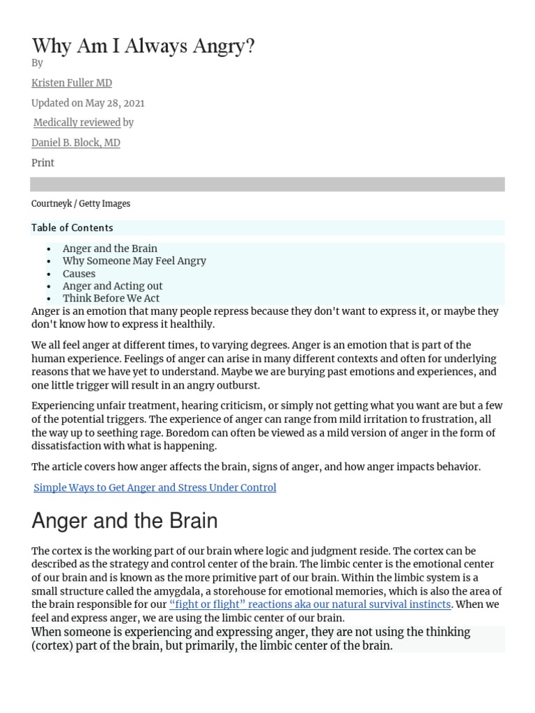 Why Am I Always Angry?: Anger and The Brain | PDF | Anger | Emotions