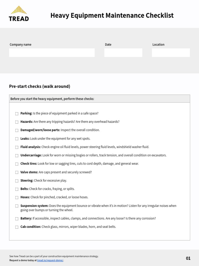 Heavy Equipment Maintenance Checklist: Pre-Start Checks (Walk Around ...