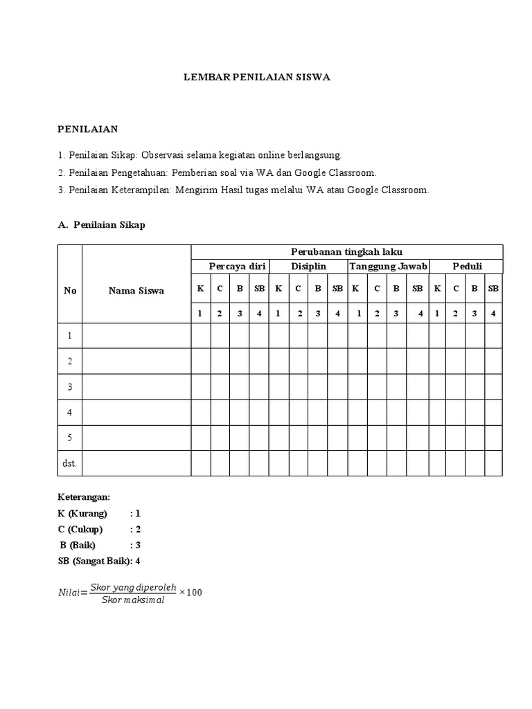 Lembar Penilaian Siswa | PDF