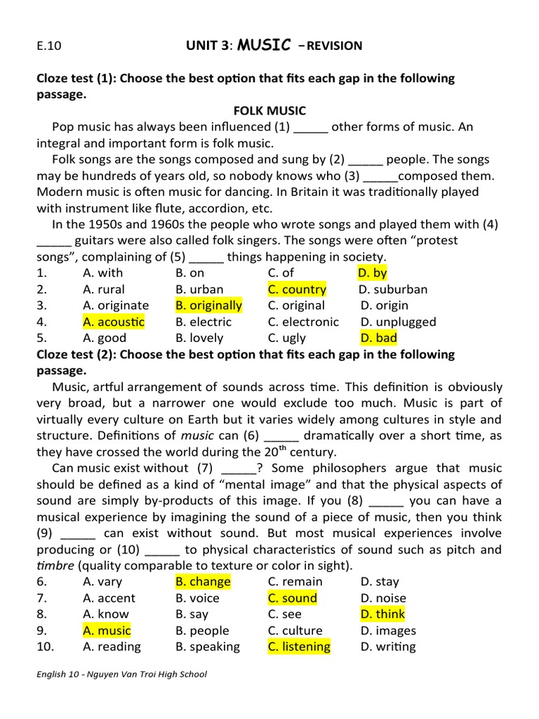 Unit 3: Music - : Revision Cloze Test (1) : Choose The Best Option That ...