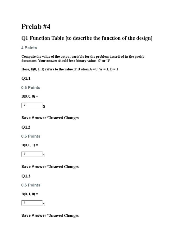 Prelab #4: Q1 Function Table (To Describe The Function of The Design) | PDF | Function ...