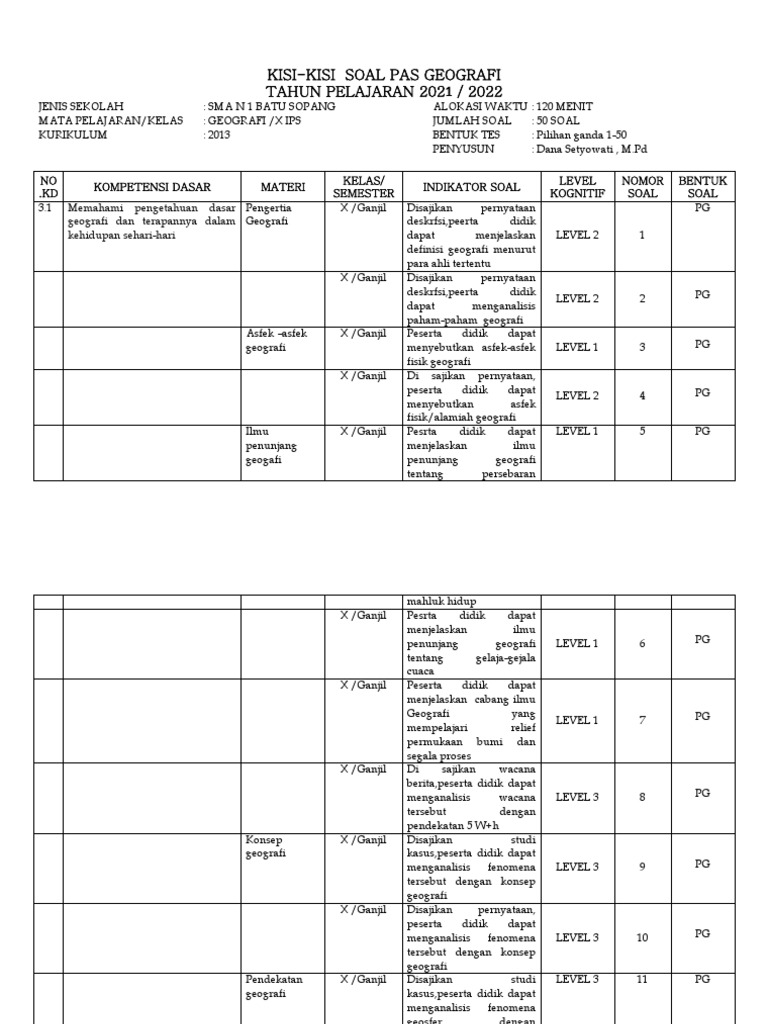 Kisi-Kisi Soal Pas Geo X | PDF