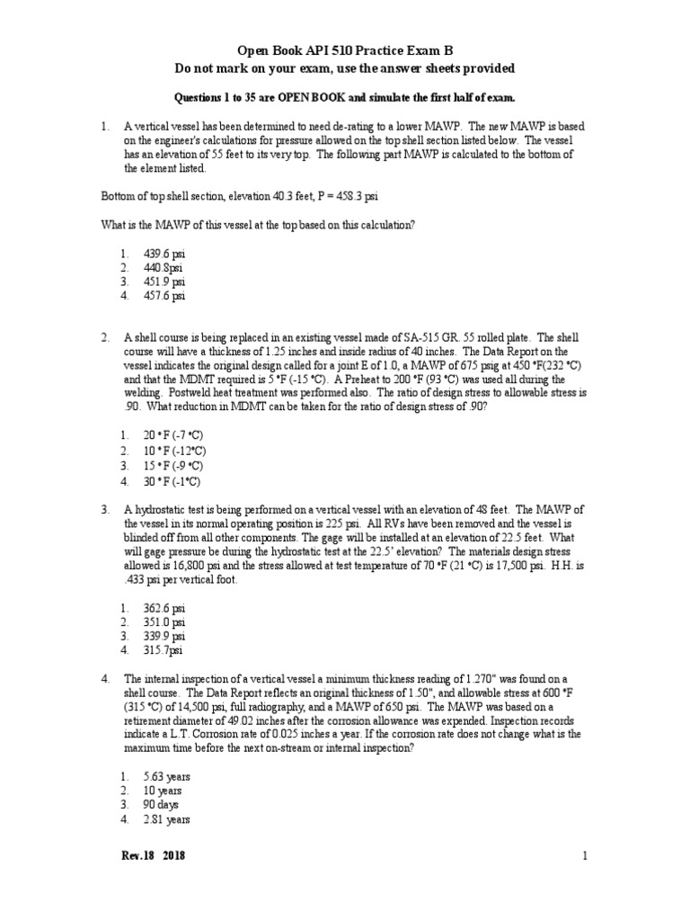 Open Book API 510 Practice Exam B Do Not Mark On Your Exam, Use The Answer Sheets Provided | PDF ...