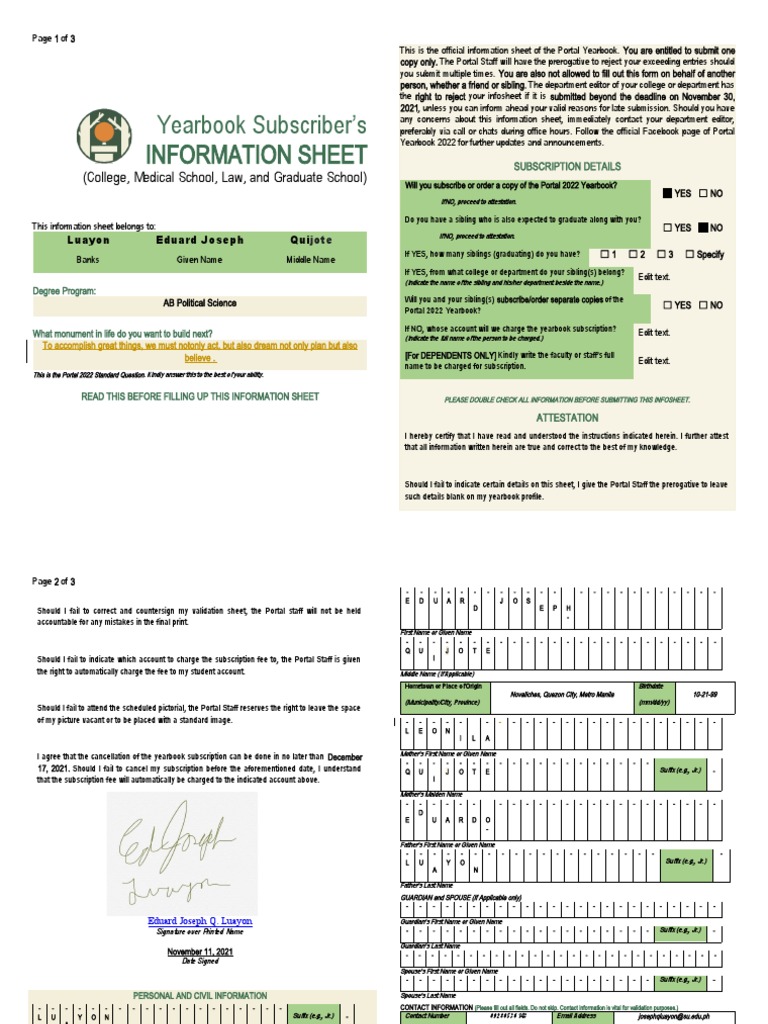 Yearbook Subscriber Information Sheet | PDF | Thesis