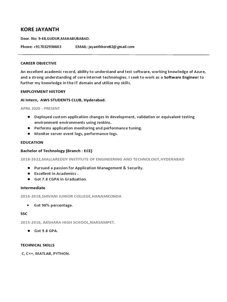 Kore Jayanth: Career Objective | PDF | Career & Growth