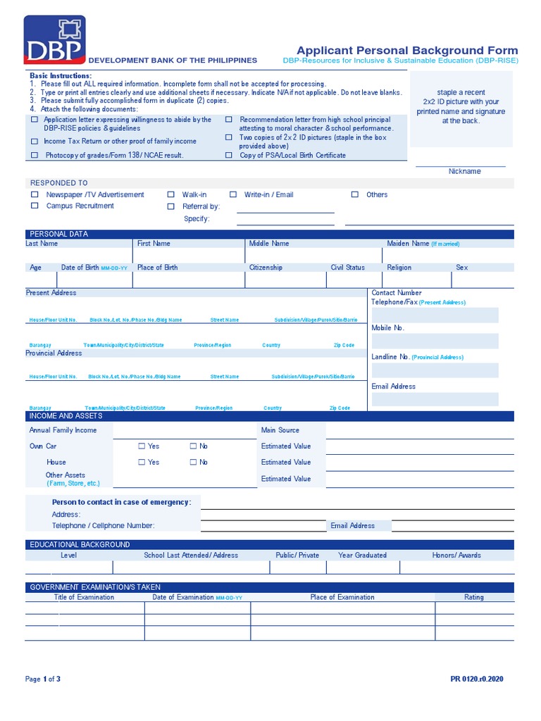 Applicant Personal Background Form (DBP Rise) Rev0 8.5 | PDF | Marriage ...