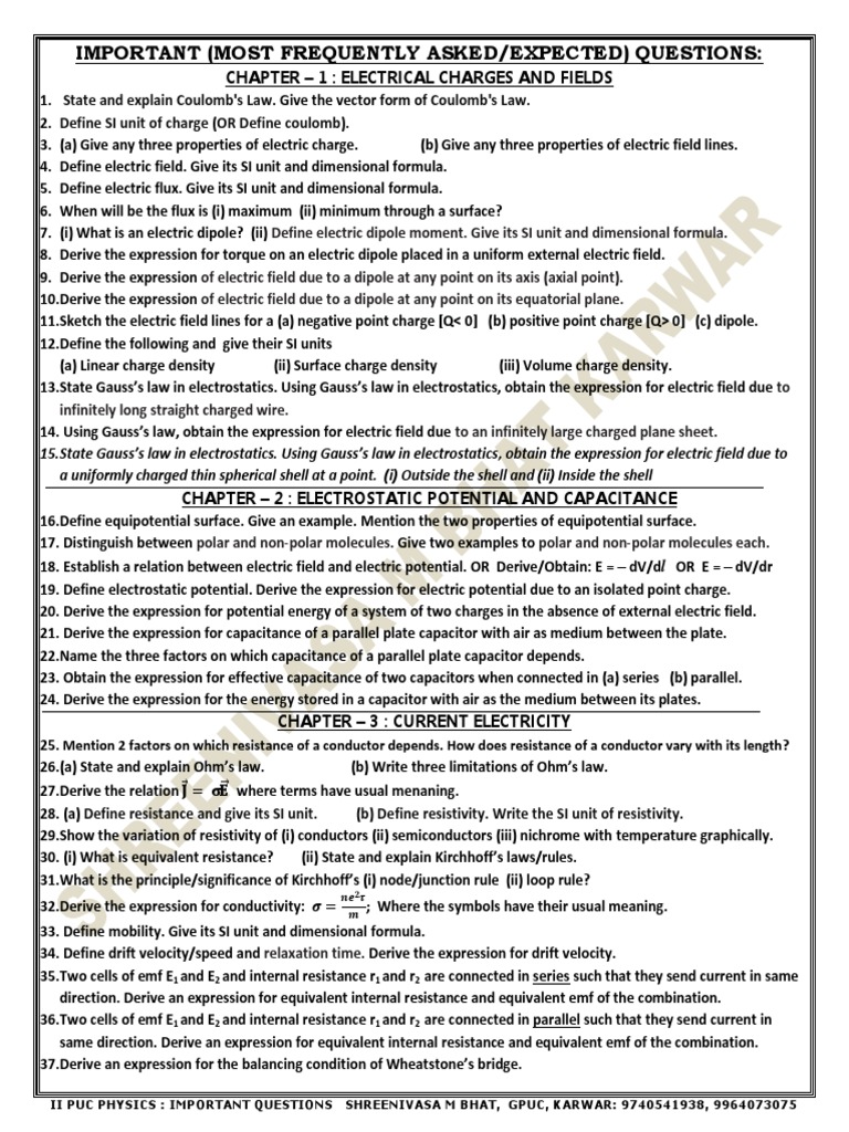 II PUC Physics Important Questions | PDF | Electric Field | Diffraction