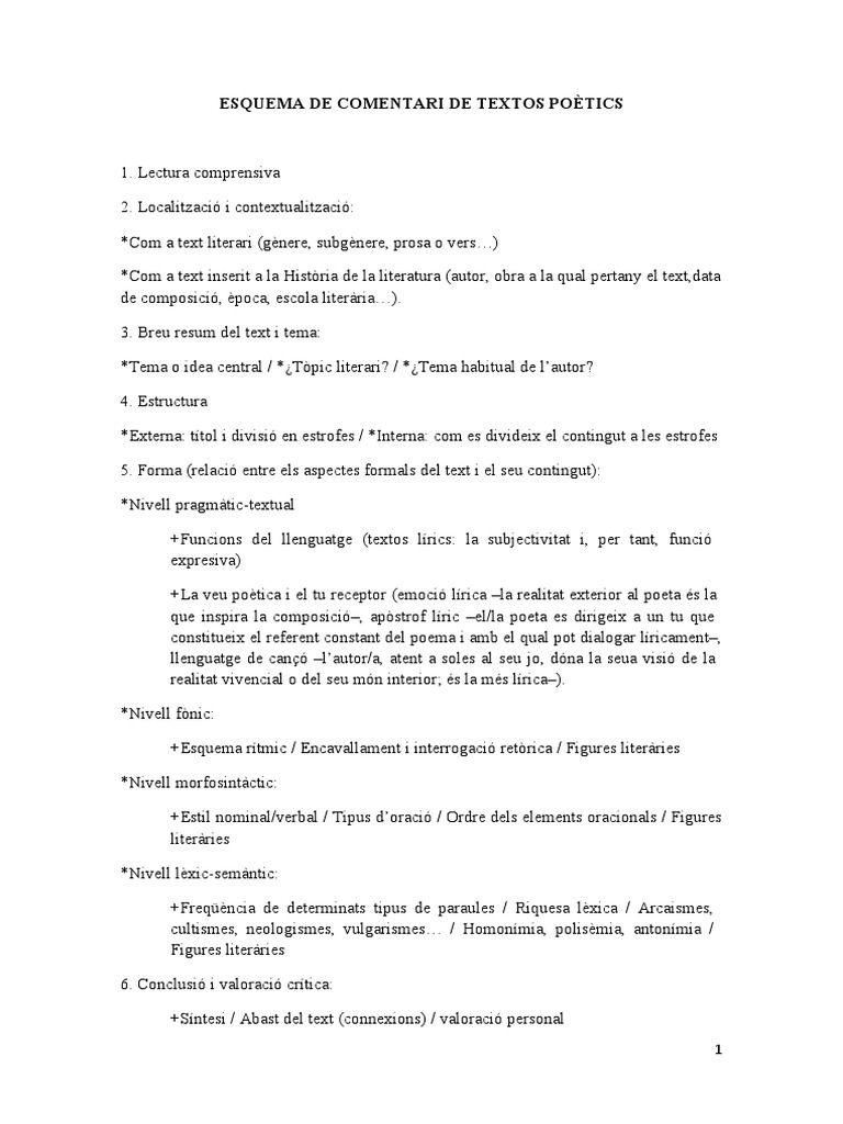 Esquema Comentari de Textos Poètics | PDF