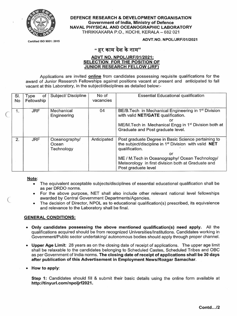 Npol Kochi JRF Advtsep2021 | PDF | Postgraduate Education | Government