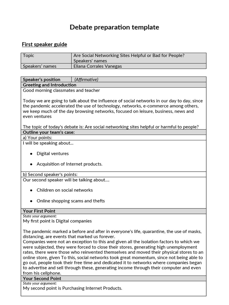 Debate Preparation Template: First Speaker Guide | PDF | Online ...