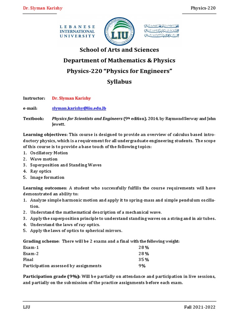 PHYS220 - Syllabus Fall 2021-2022 | PDF | Reflection (Physics) | Test ...
