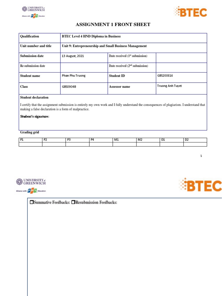 Assignment 1 Front Sheet Qualification Btec Level 4 Hnd Diploma In Business Pdf Startup