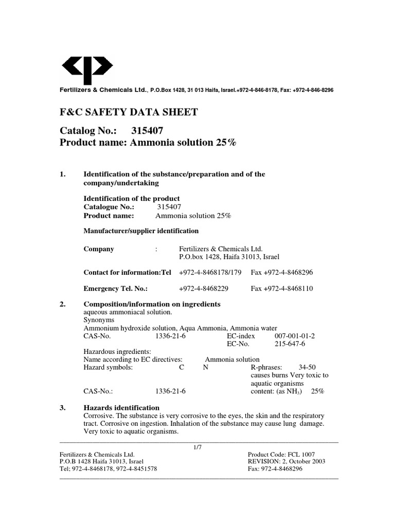 F&C Safety Data Sheet Catalog No.: 315407 Product Name: Ammonia ...